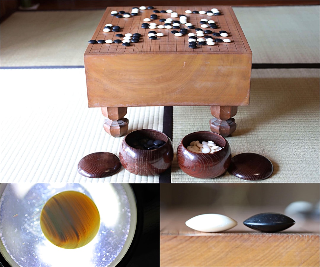 Japanese IGO Go Game Table Set, Stone HAMAGURI Shell Pieces, Wood Board ...