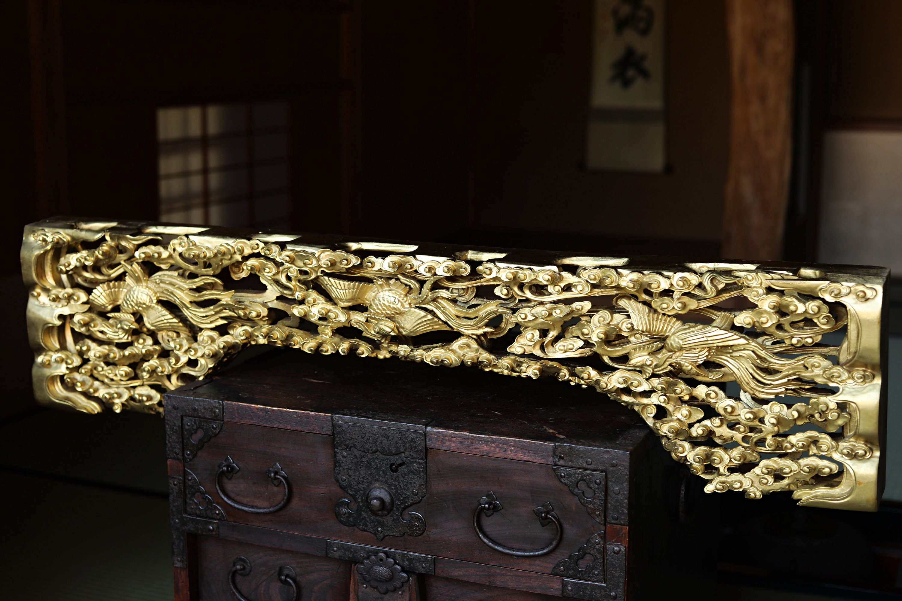 Japanese Vintage Art Sculpture Handmade Wood Carving Gold Japanese Vintage Art Sculpture Handmade Wood Carving Gold
