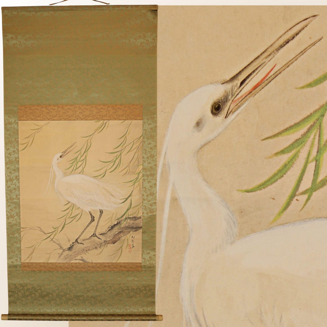 Japanese Vintage Egret Watercolor Scroll Painting – Willow Tree ...