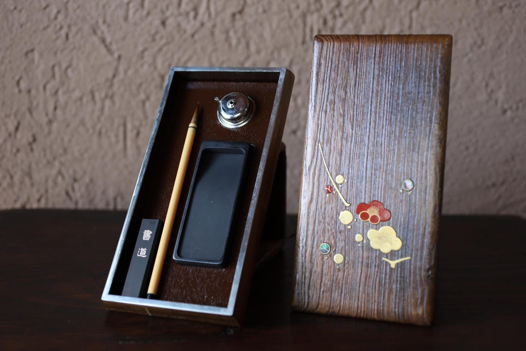 Japanese Vintage Portable Suzuri-bako Zen Writing Set Ink Calligraphy ...