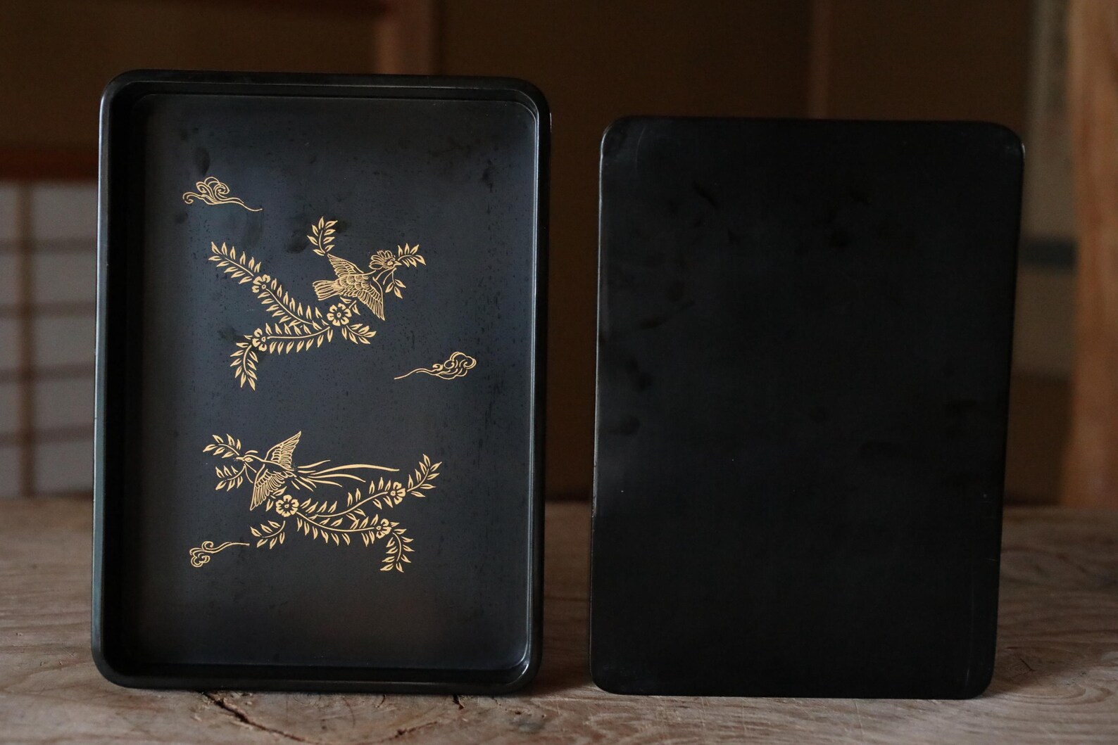 Lacquer Urushi- Vintage Japanese Calligraphy Set: Suzuri-bako Box, Bird ...