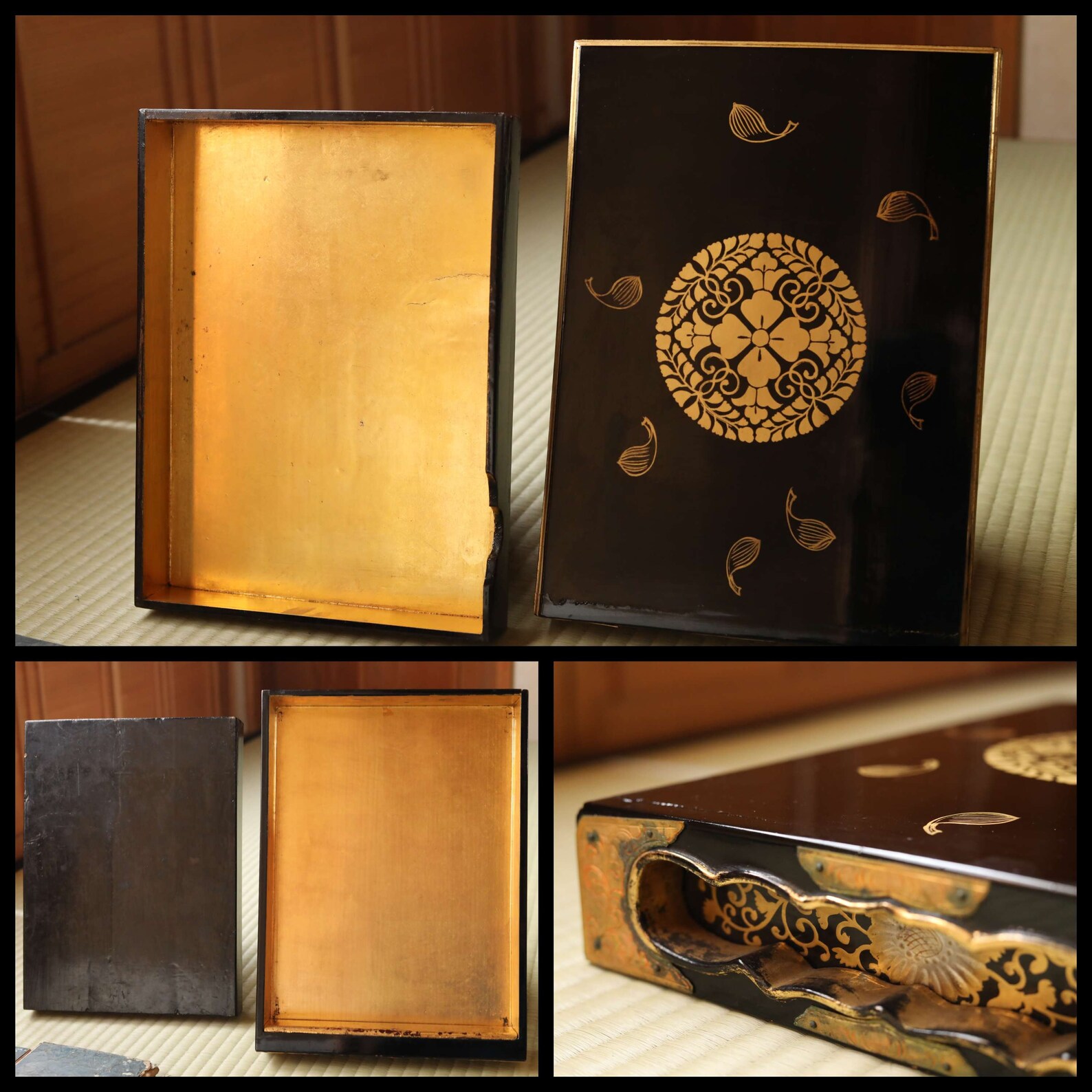 Japanese Makie Lacquer Box, Gold Wisteria Crest, Buddhist Sutra ...