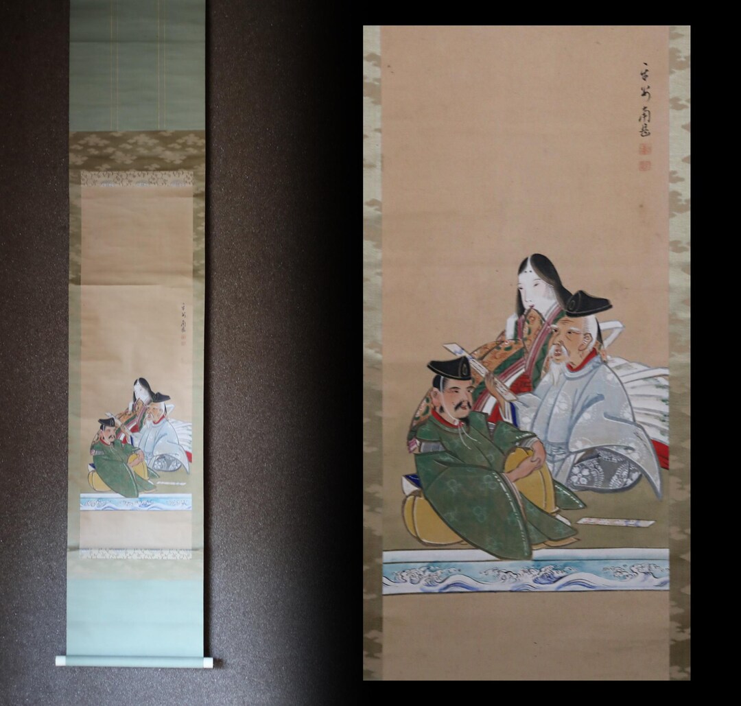 Japanese Antique Watercolor Painting Scroll of Three Nobles by Nangaku ...
