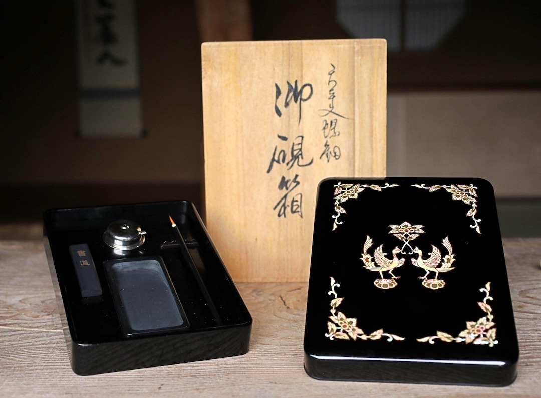 Lacquer Urushi- Vintage Japanese Calligraphy Set: Suzuri-bako Box, Bird ...
