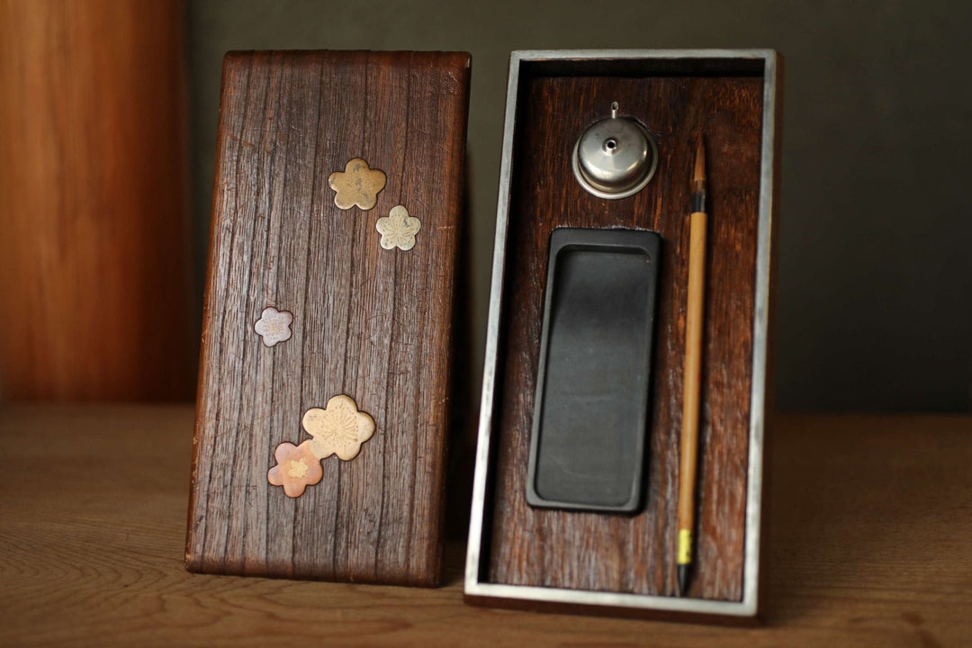 Japanese Vintage Portable Suzuri-bako Zen Writing Set Ink Calligraphy ...