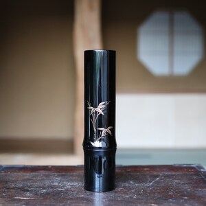 Japanese Black Lacquer Urushi Flower Vase With Bamboo Picture in Gold ...