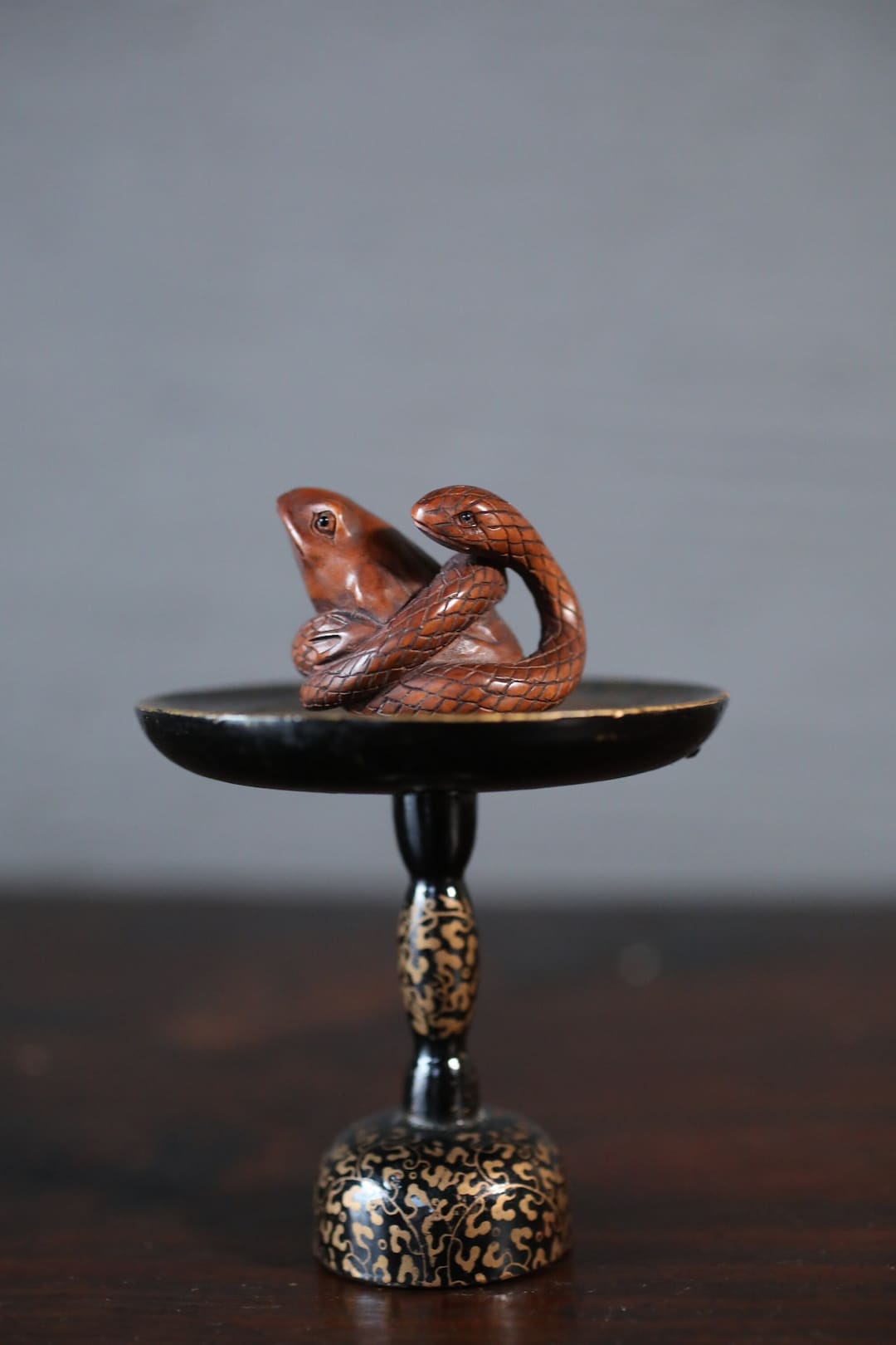 Japanese Small Wood Pedestal With Hand Painted Miniature Pair of ...