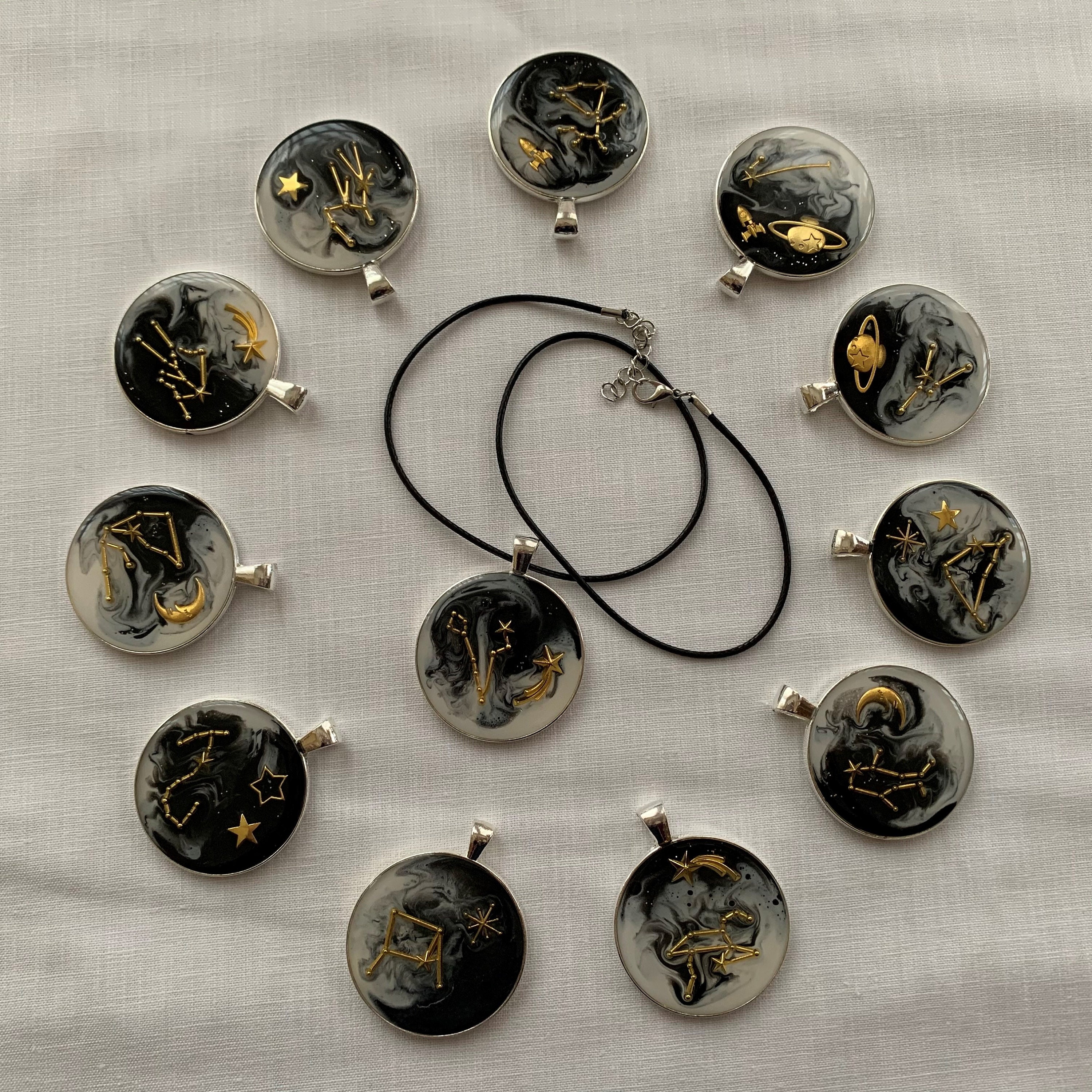 Galaxy Black Zodiac Star Sign Silver Plated Pendant & 18 Chain Handmade ...