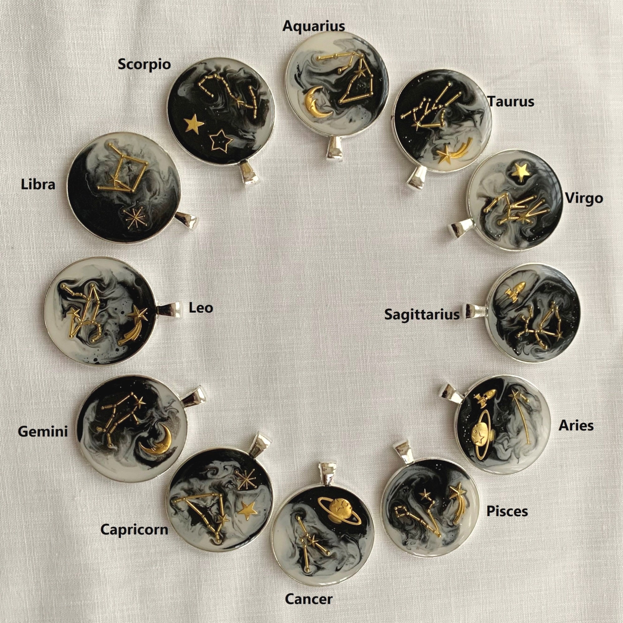 Galaxy Black Zodiac Star Sign Silver Plated Pendant & 18 Chain Handmade ...