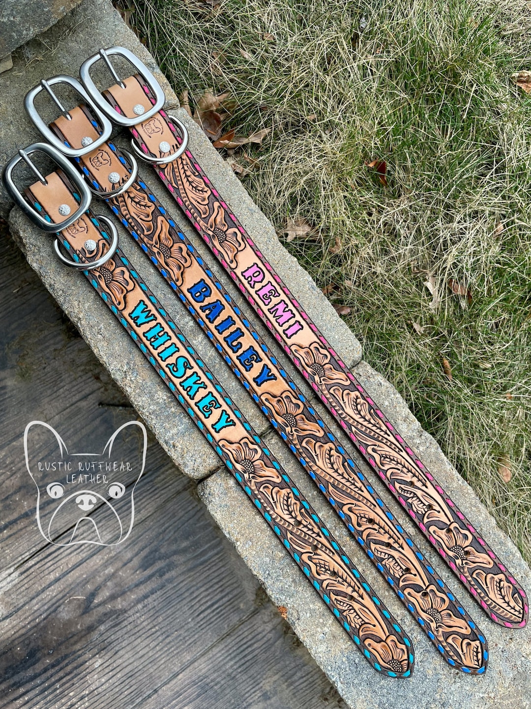Tooled Leather Dog Collar - Custom Color Buckstitching and Name With ...