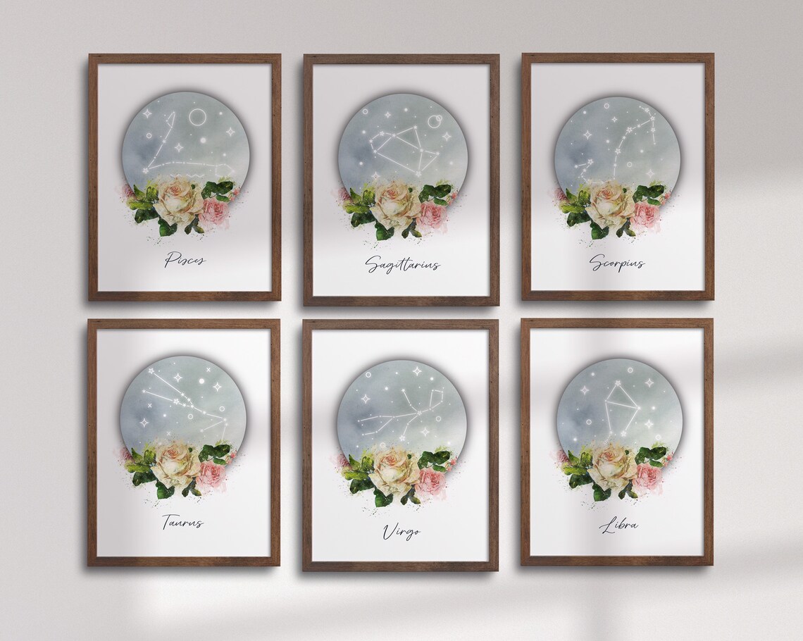 All Zodiac Constellations | Watercolor Print | Zodiac Floral | Zodiac ...
