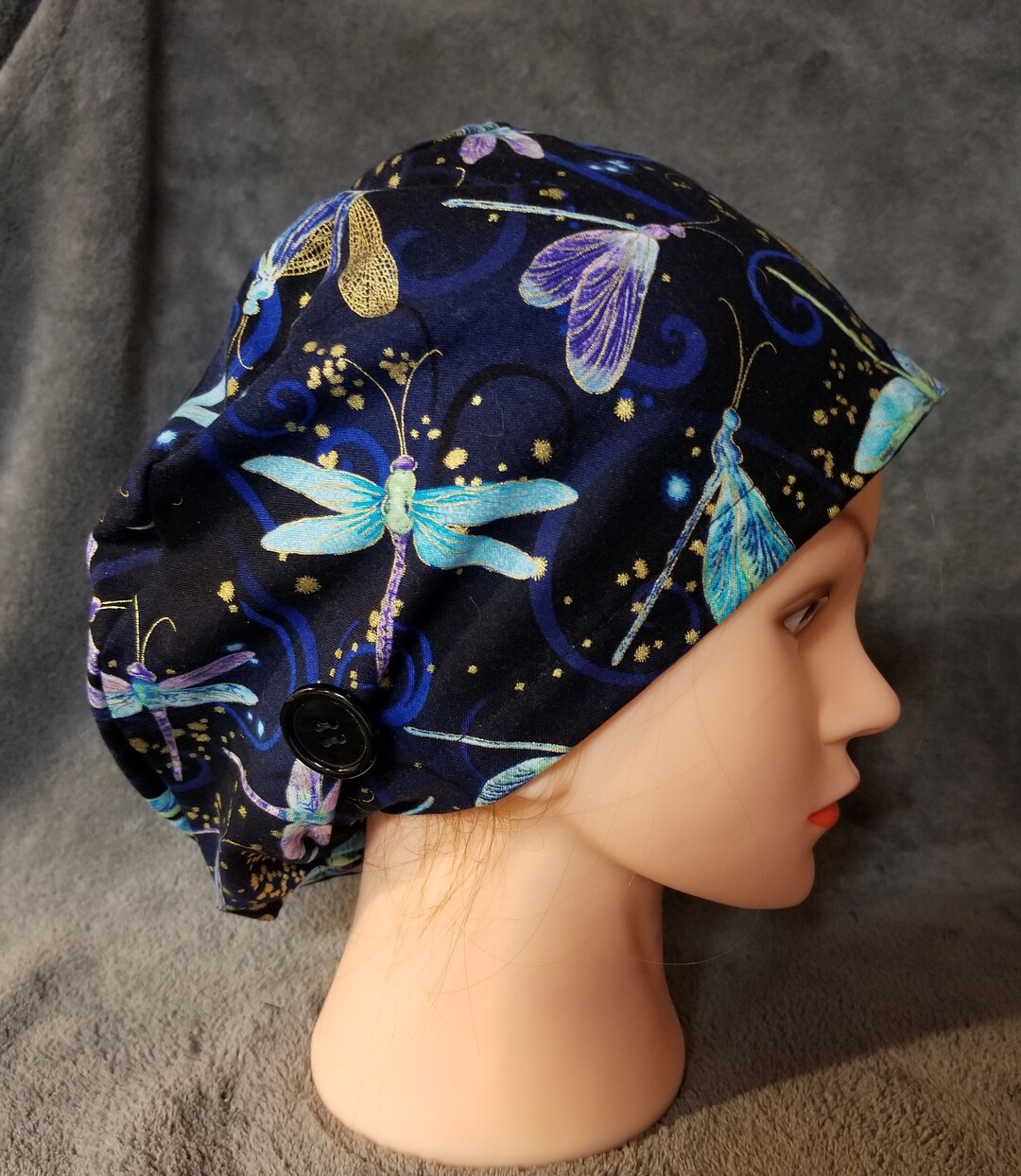 Pixie Style Scrub Cap Blue Background With Dragonfly Print, Euro Style ...
