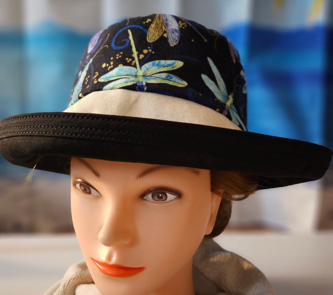 Large Wide Brim Cotton Sun Hat Featuring Dragonfly Print, Sunblocker ...