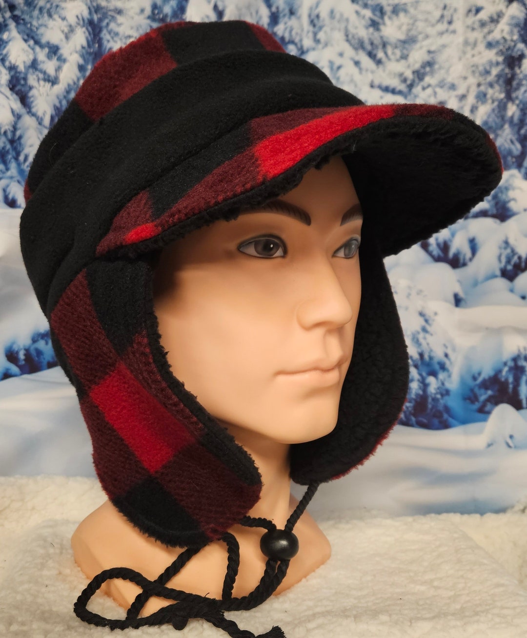 Red and Black Buffalo Check Fleece Aviator Hat With Visor - Etsy