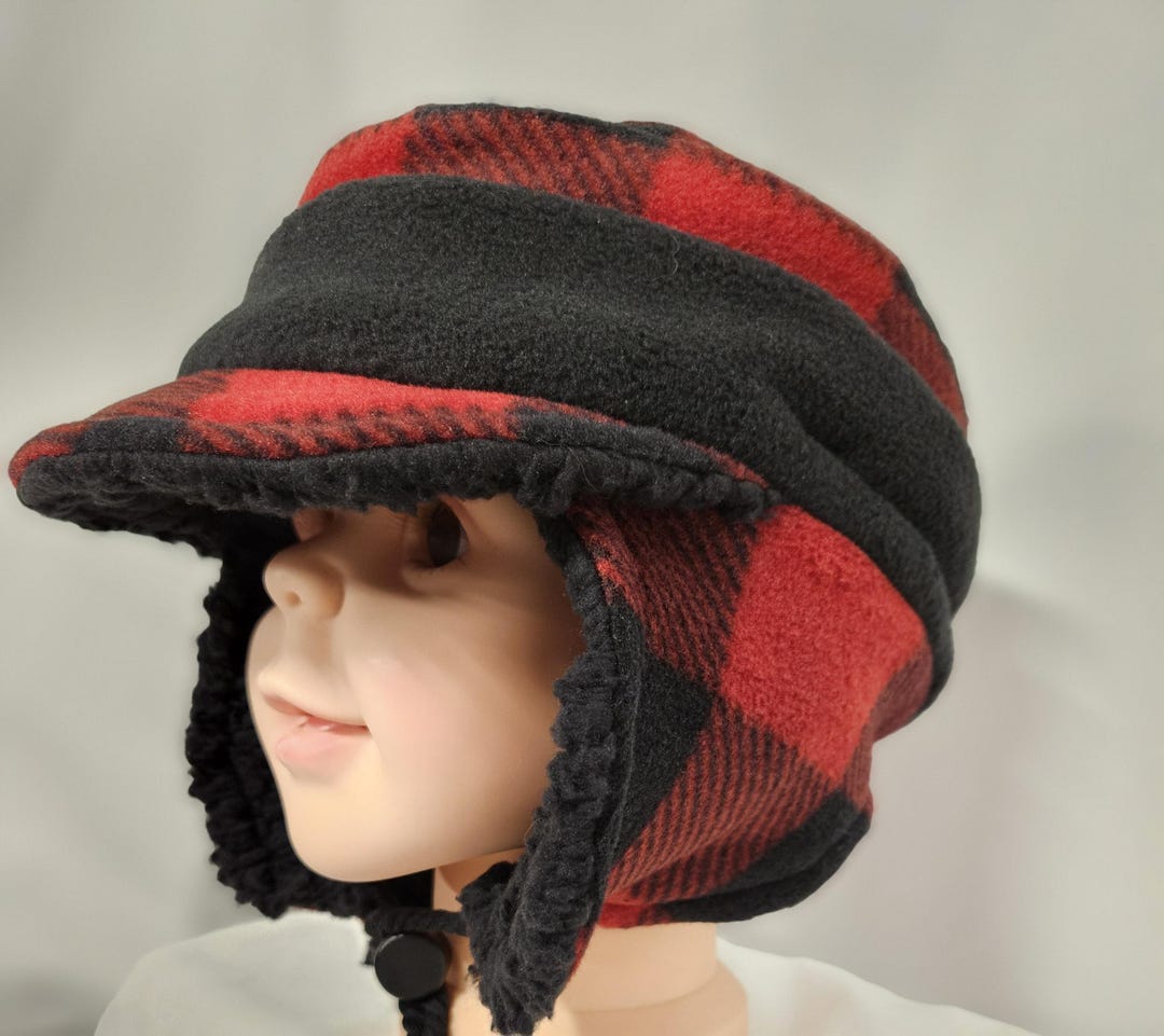 Red and Black Buffalo Check Fleece Aviator Hat With Visor - Etsy