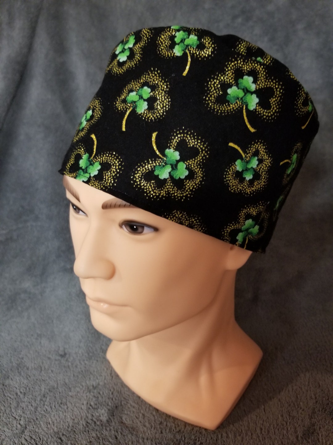 Shamrock Print on Black Background LARGE Scrub Cap Same Top With Hook ...