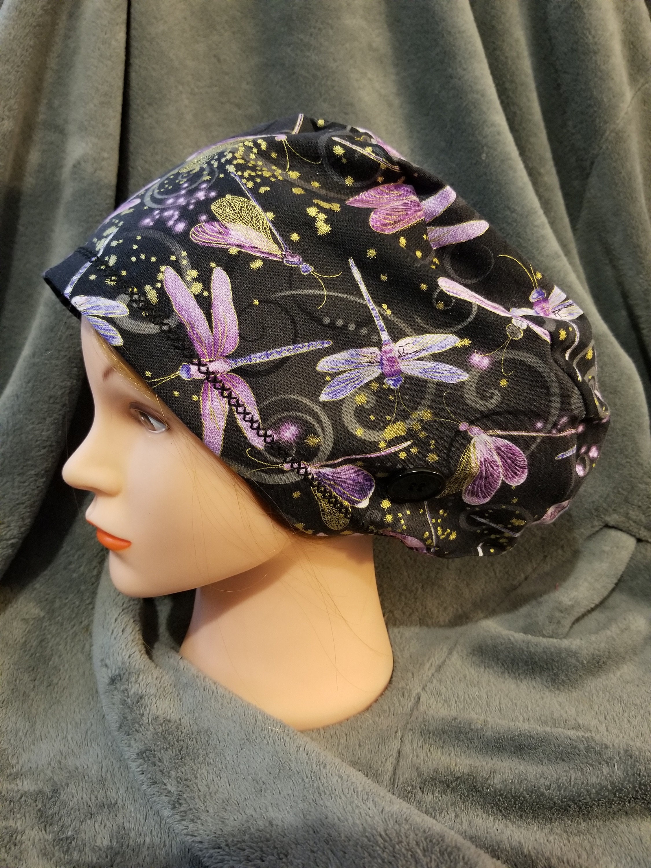 Pixie Style Scrub Cap Black Background With Dragonfly Print - Etsy