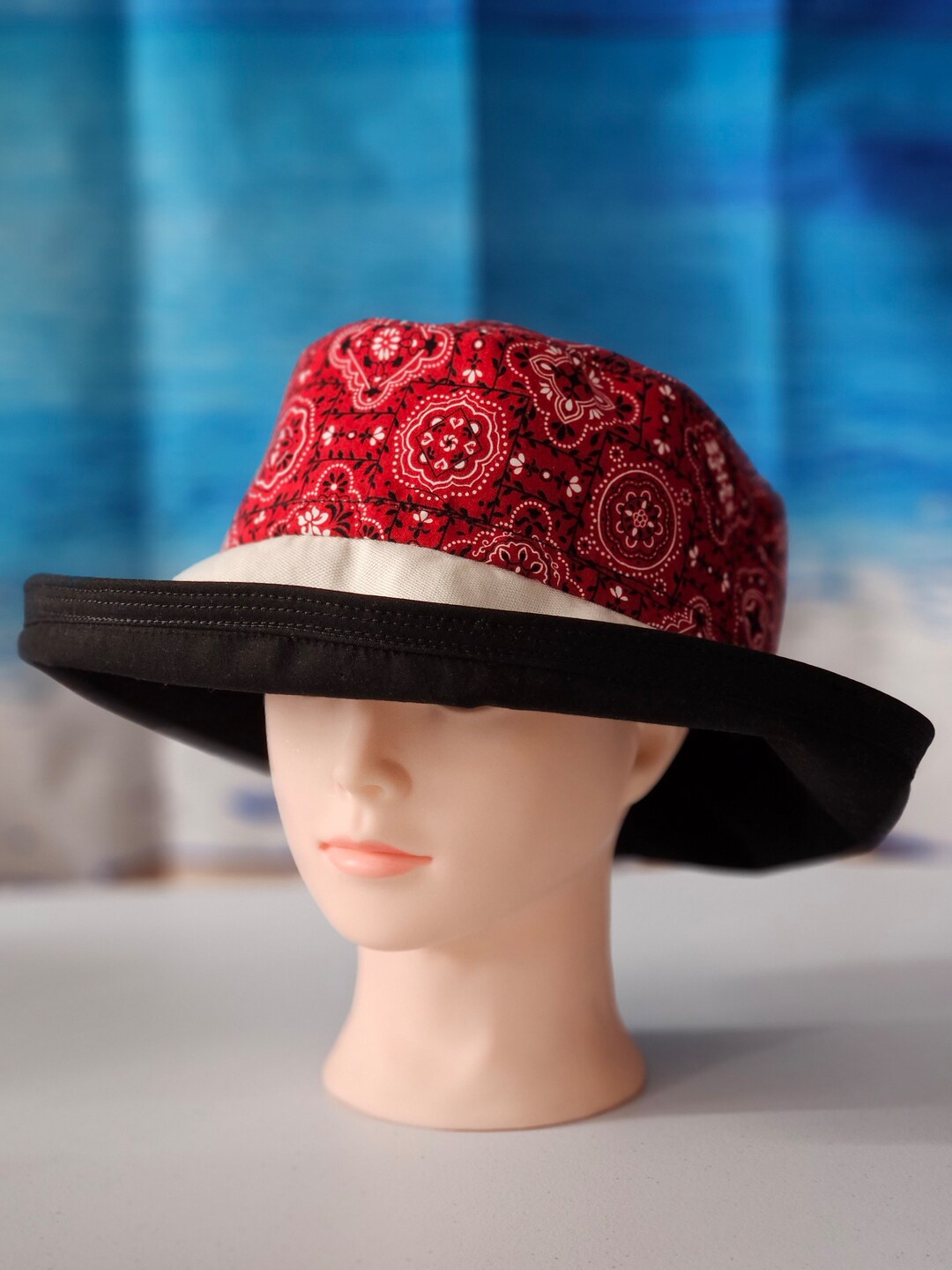 Large Wide Brim Cotton Sun Hat Featuring Red Bandana Print, Sunblocker ...