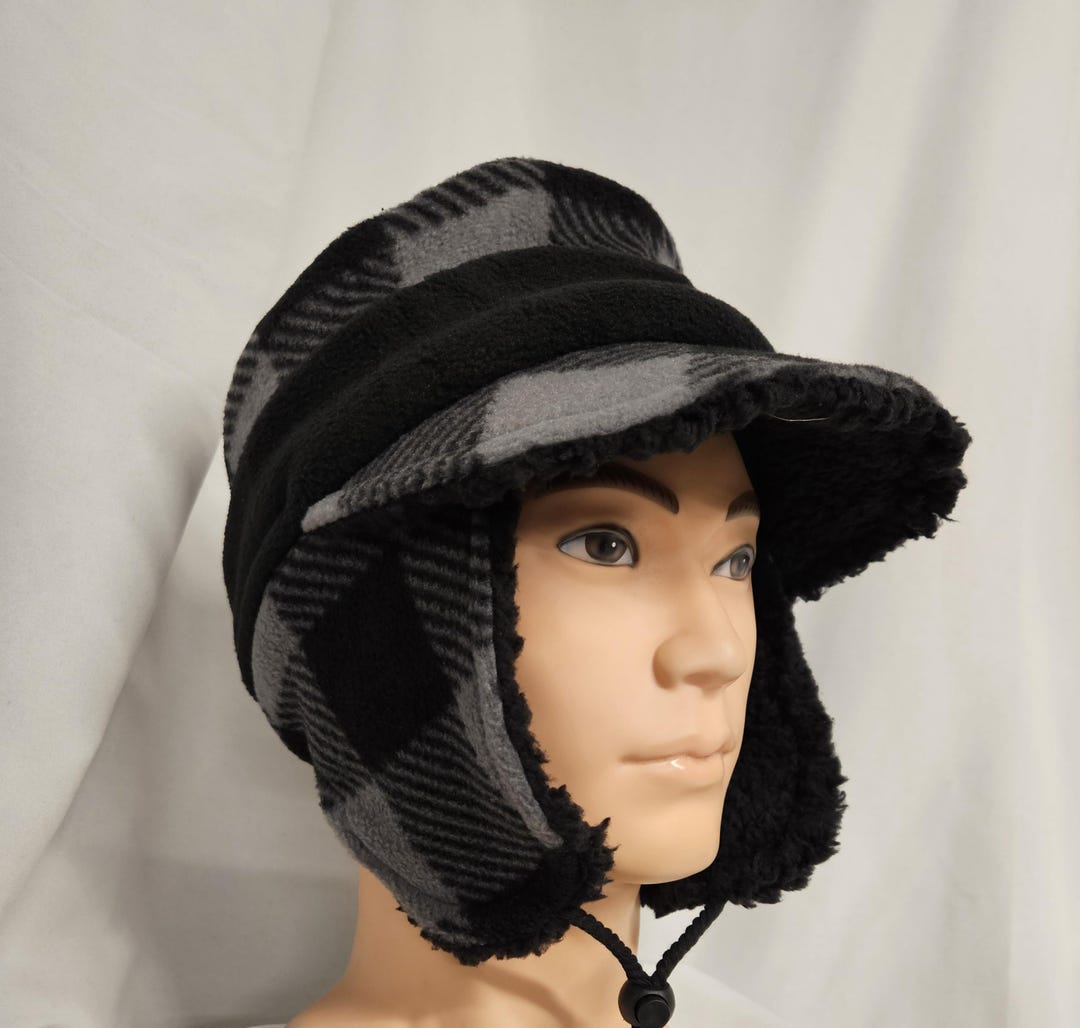 Gray and Black Buffalo Plaid Print Fleece Aviator Hat With Visor - Etsy