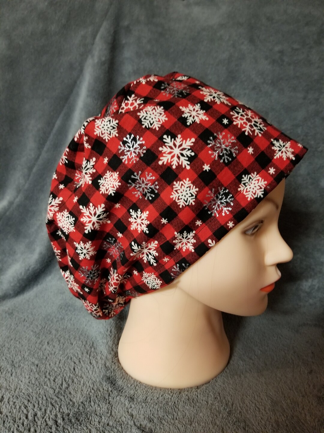 Red and Black Checks With Silver Snowflakes Pixie Style Christmas Scrub ...