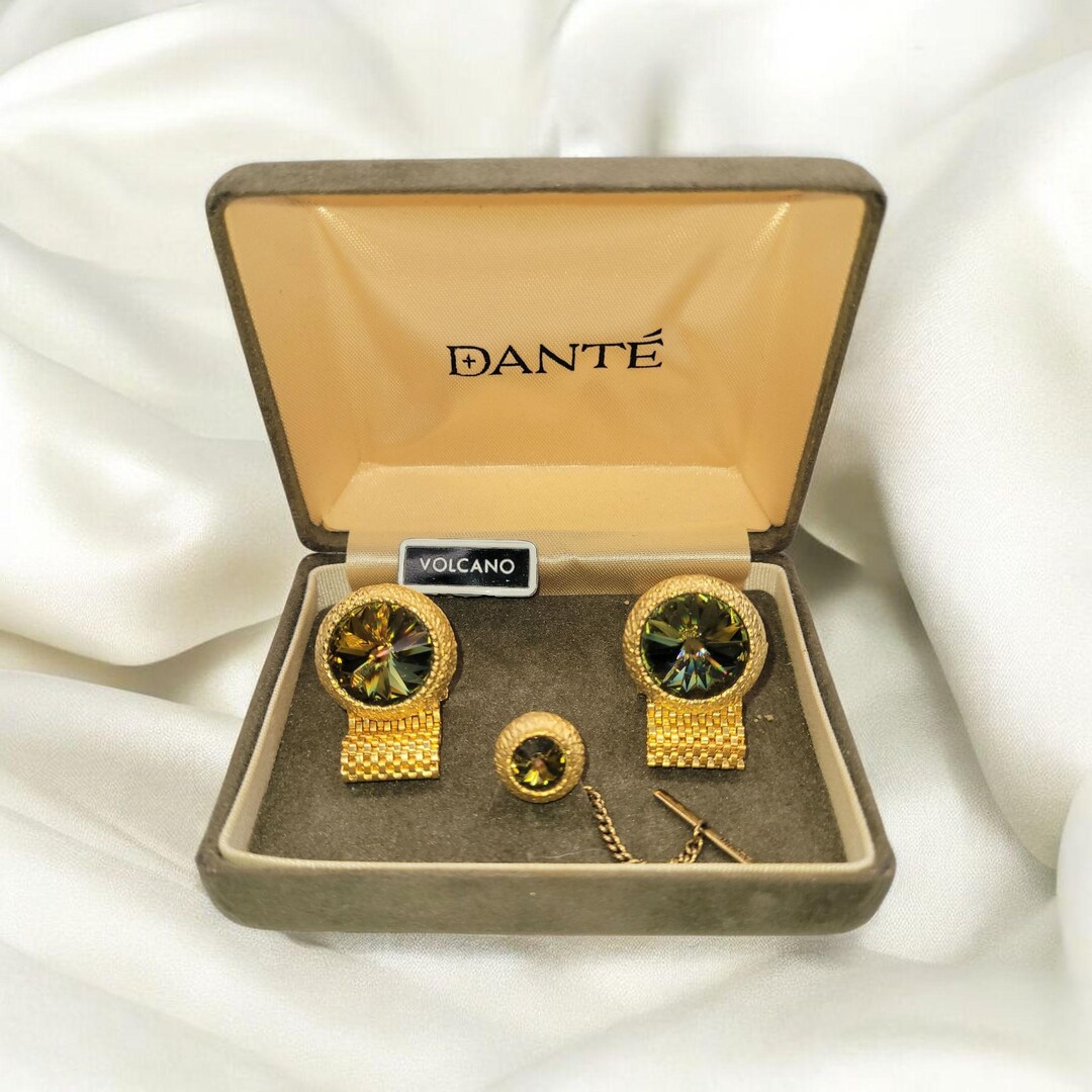 Vintage Dante Volcano Rivoli Rhinestone Goldtone Mesh Cufflinks and Tie ...