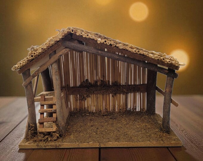 Vintage Christmas Wood Nativity Stable Manger Creche Reeds Moss ...