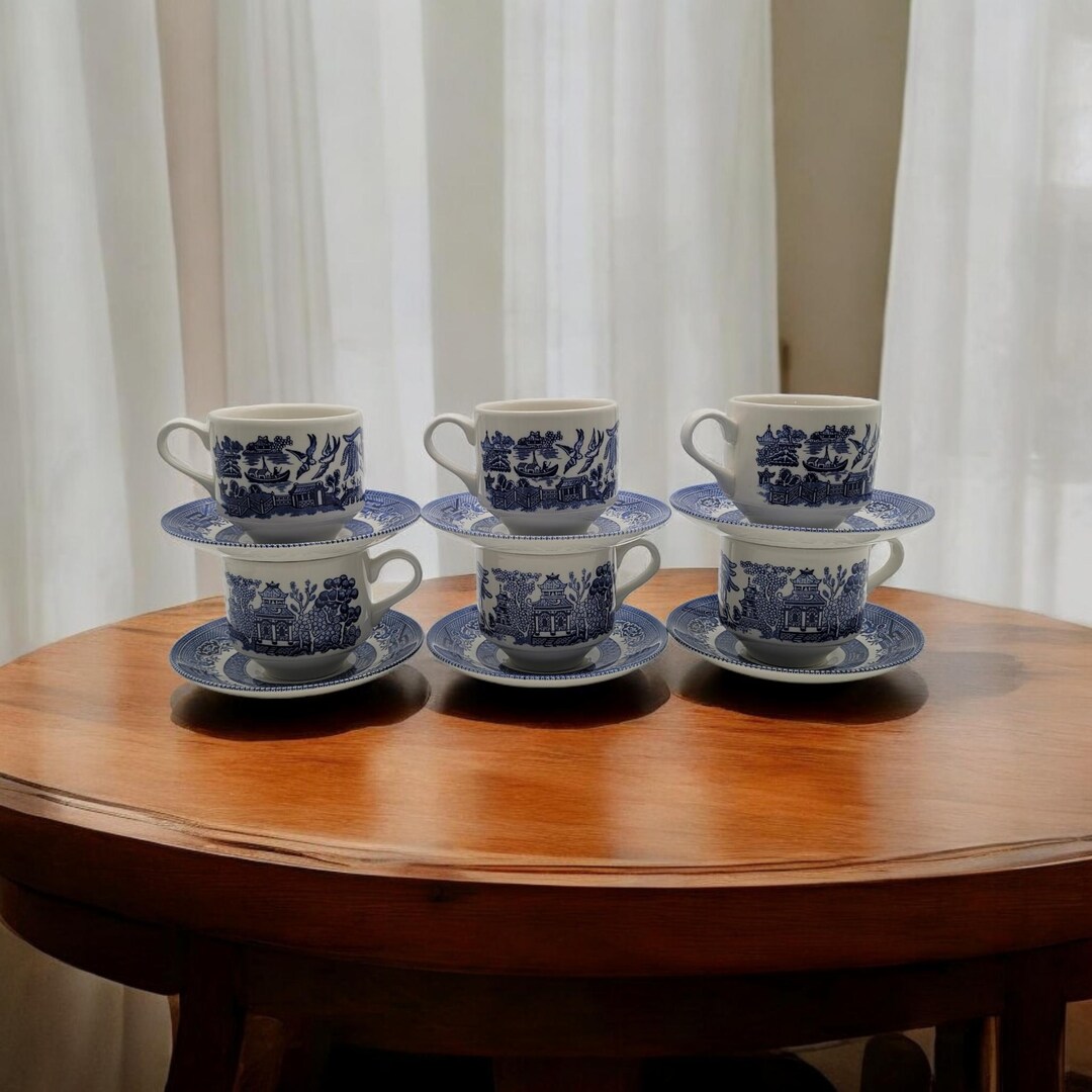 Churchill England Blue Willow Coffee Tea Cup and Saucer Lot of 7 Sets ...