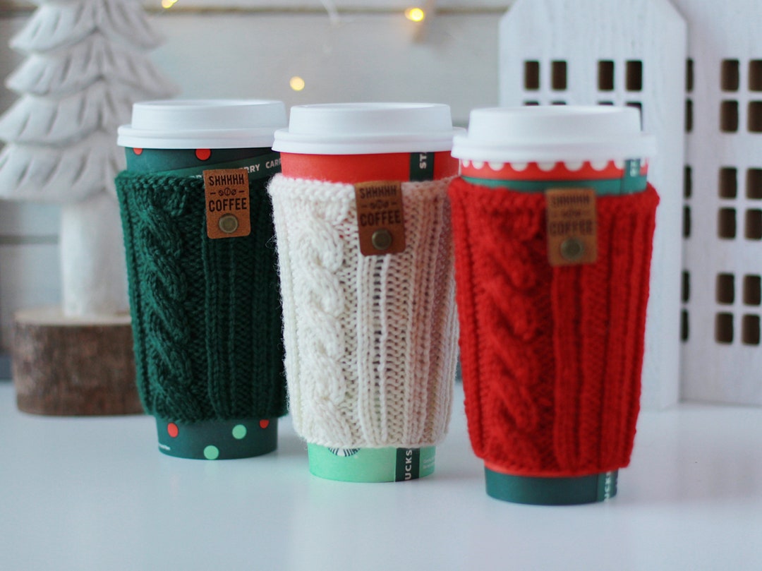 Reusable Knitted Coffee Mug Cozy, Hand Knitted With Wool and Decorated ...