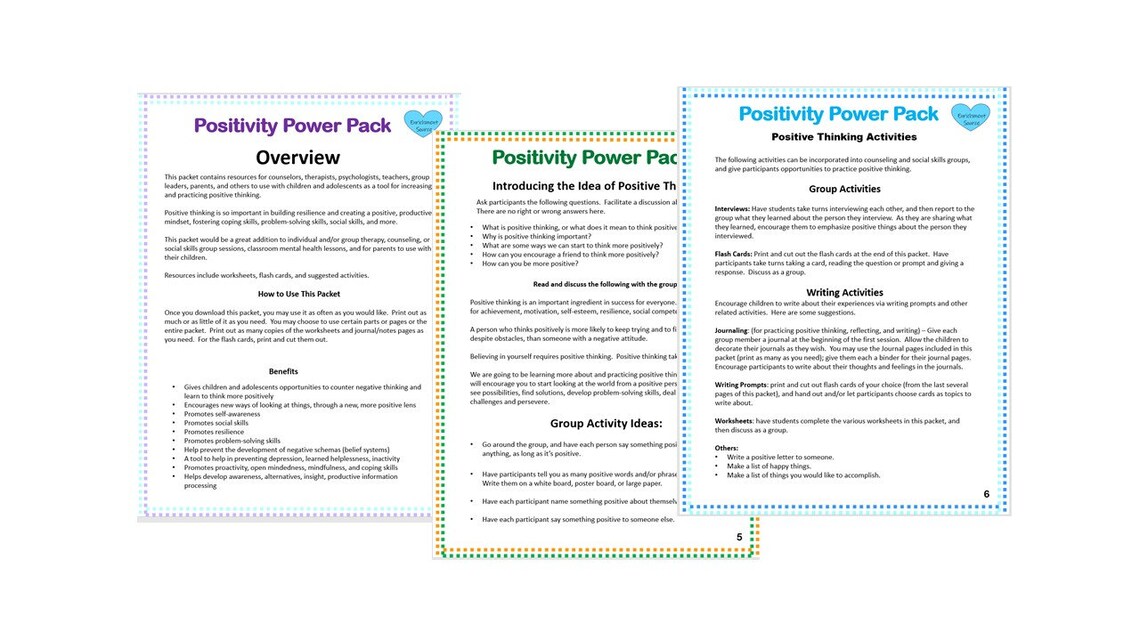 Kids and Teens Positive Thinking Power Pack, 60 Page Counseling Group ...