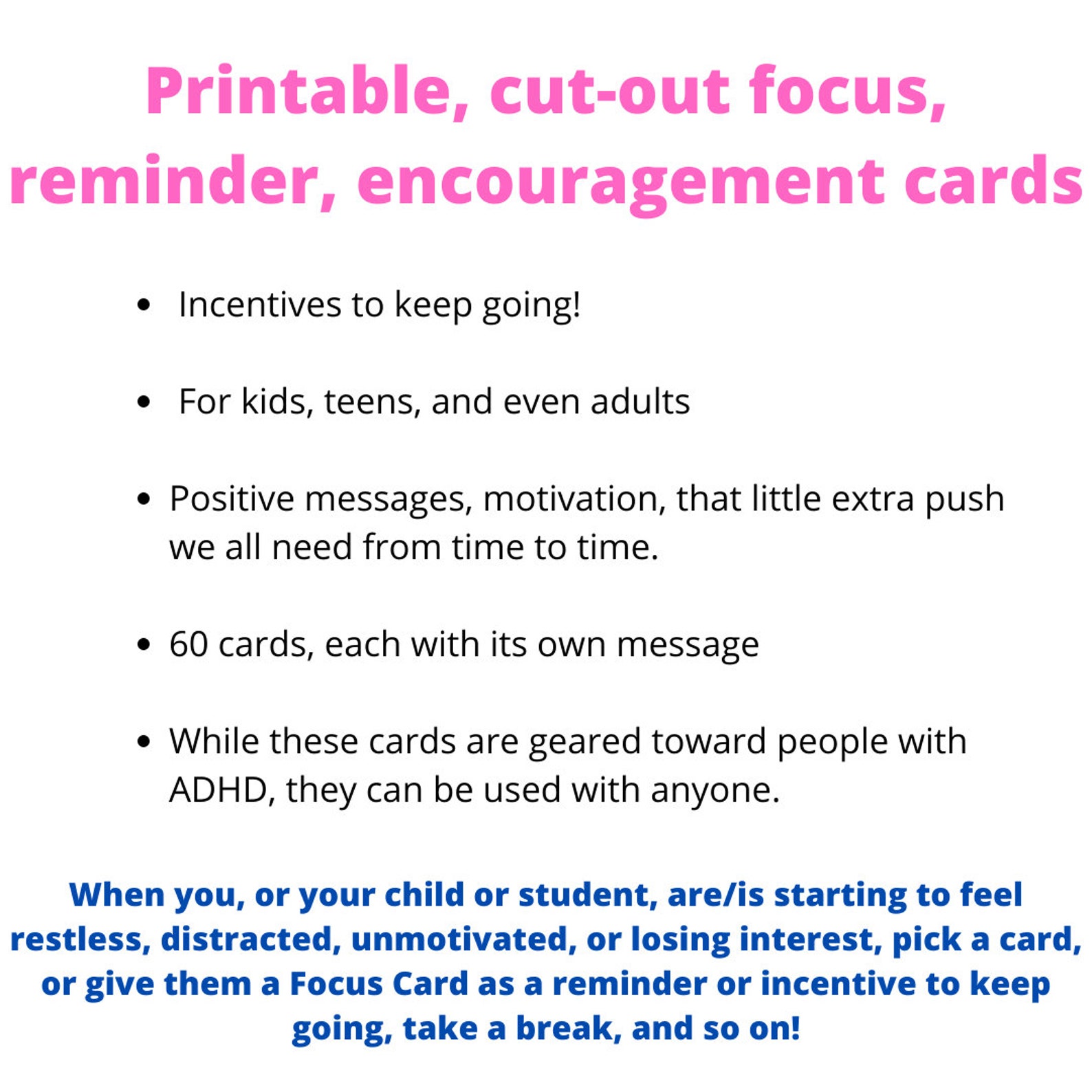 ADHD Focus Cards, ADHD Reminder Cards, ADHD Motivation, on Task ...