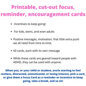 ADHD Focus Cards, ADHD Reminder Cards, ADHD Motivation, on Task ...