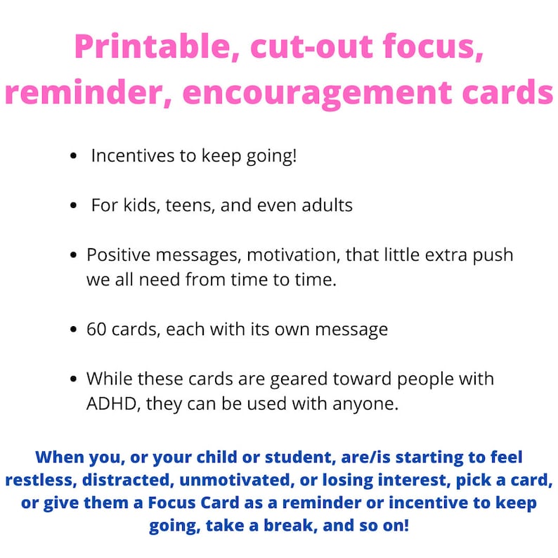 ADHD Focus Cards, ADHD Reminder Cards, ADHD Motivation, on Task ...