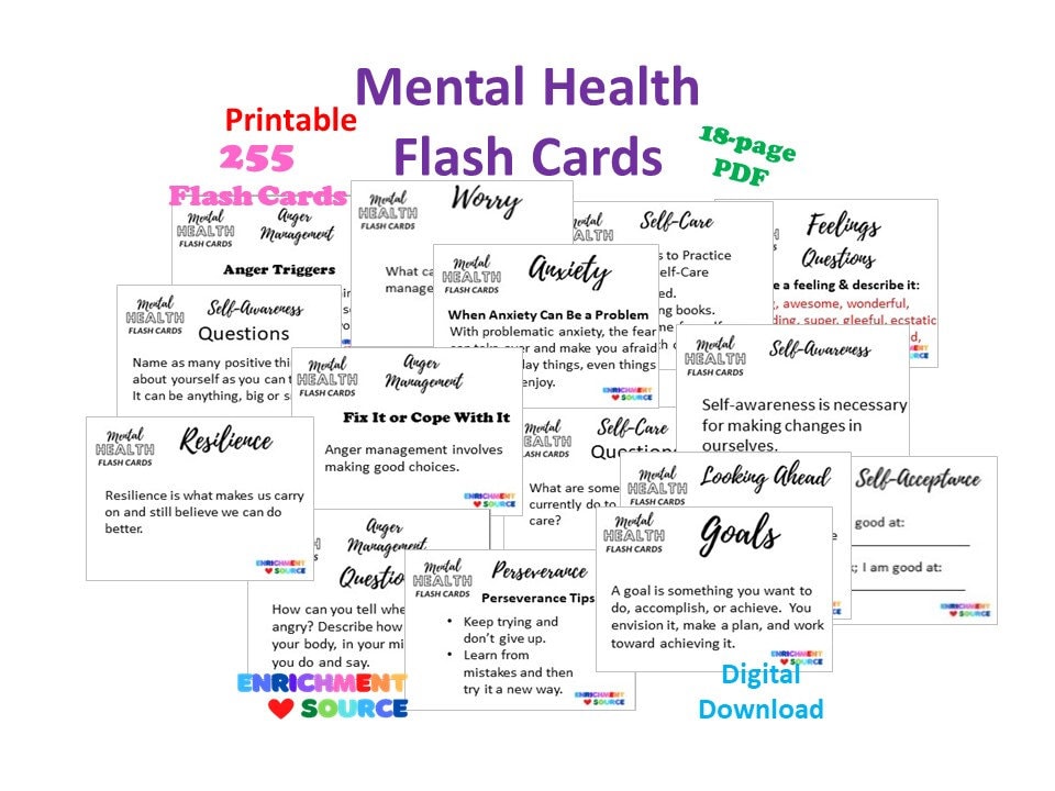Mental Health Flash Cards, Therapy Printable Flash Card Bundle ...