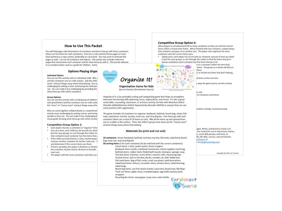 Organize It! Printable Game, Organization Skills, ADHD, Executive ...