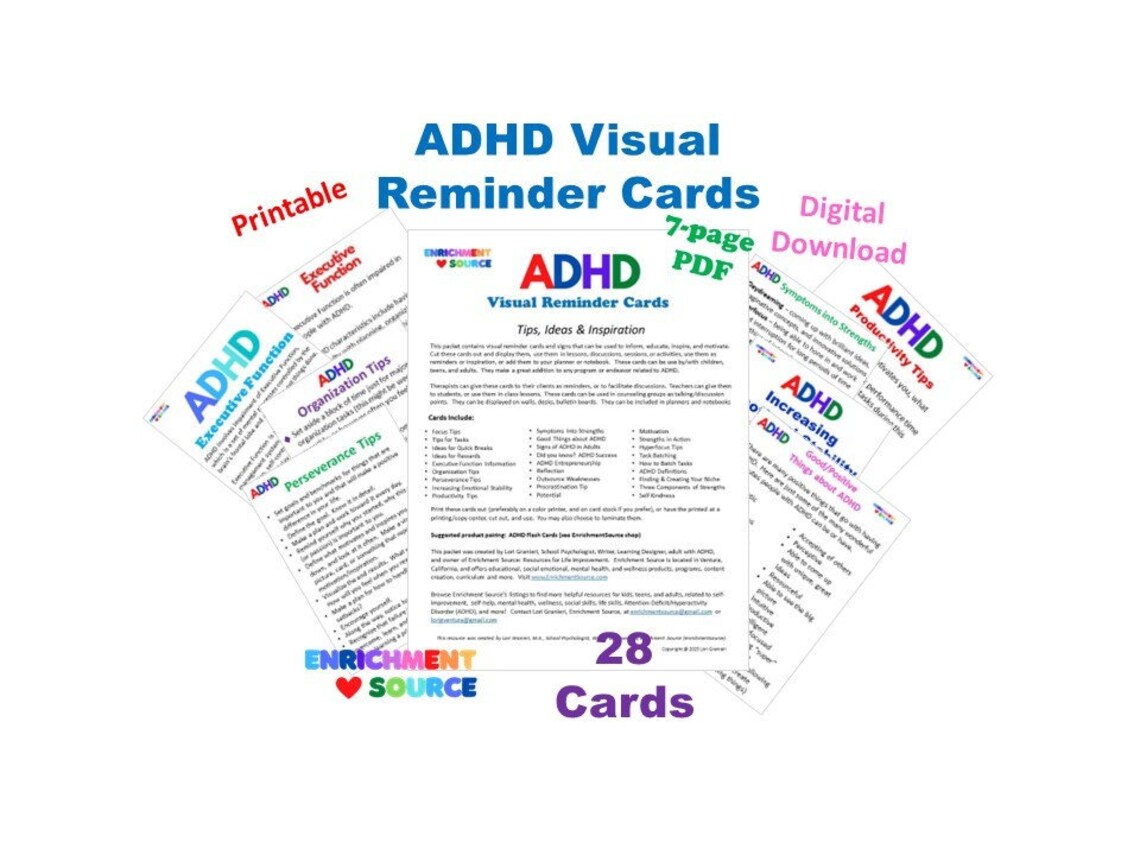 ADHD Self Care Reminder Cards, ADHD Inspiration, ADHD Therapy Tool ...