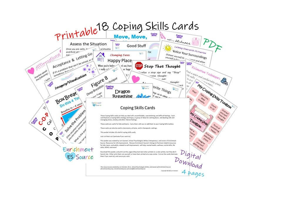 Coping Skills Cards Set, 18 Cards for Managing Stress, Worry, Anxiety ...