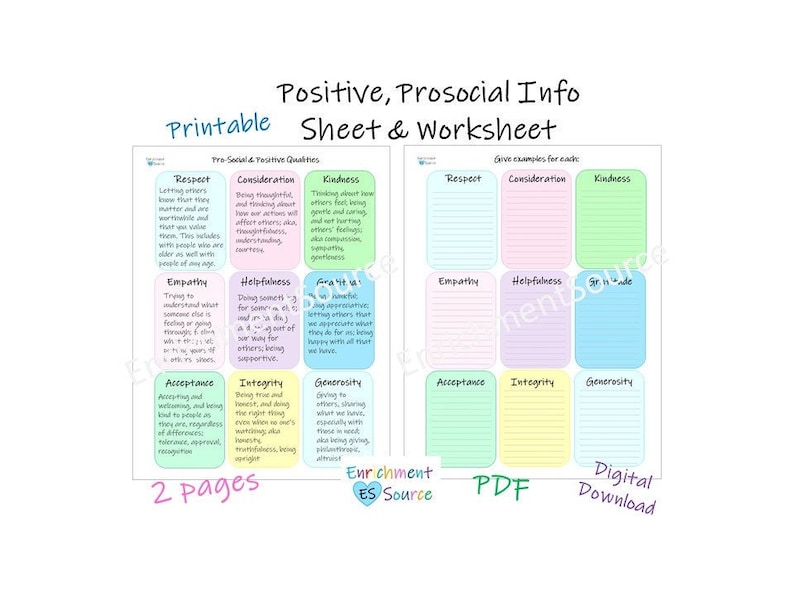 Positive Prosocial Qualities Worksheet and Information Sheet, Defining ...
