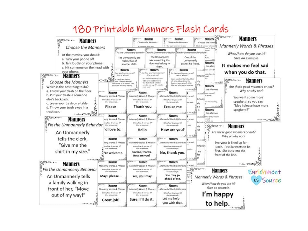 Manners Flash Cards Bundle, Printable Good Manners Flash Cards, 180 ...