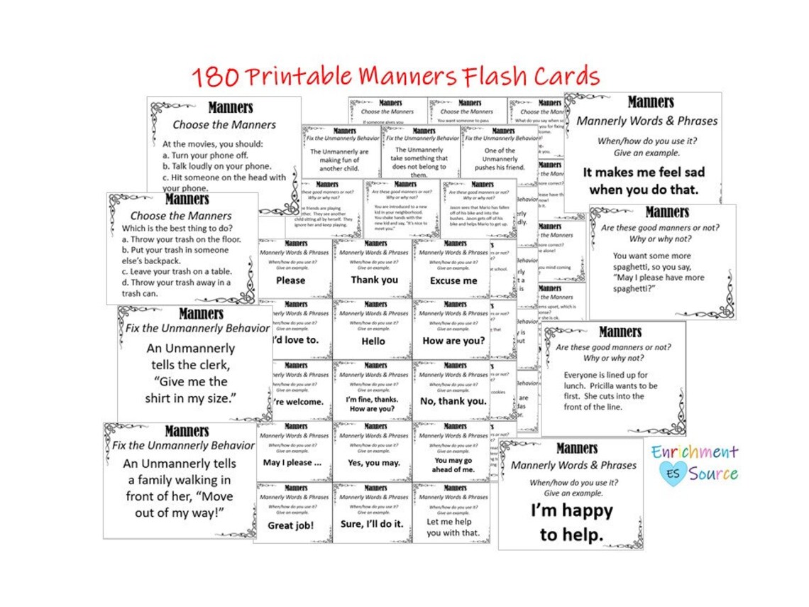 Manners Flash Cards Bundle, Printable Good Manners Flash Cards, 180 ...