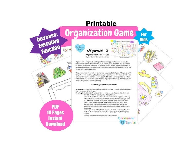 Organize It! Printable Game, Organization Skills, ADHD, Executive ...