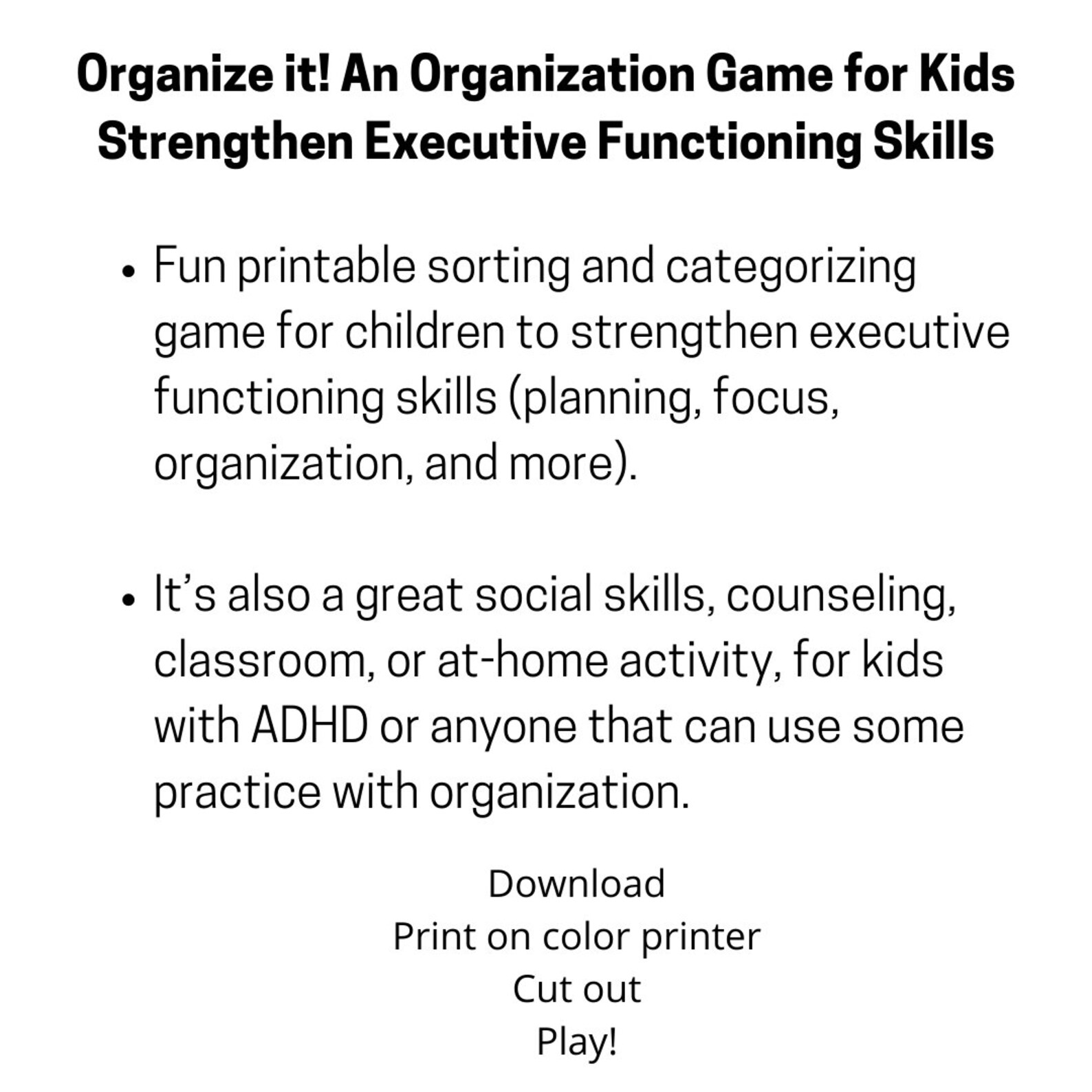Organize It! Printable Game, Organization Skills, ADHD, Executive ...