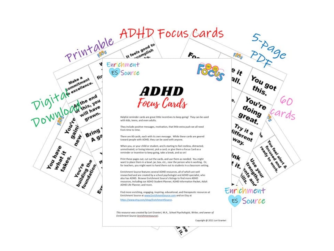 ADHD Focus Cards, ADHD Reminder Cards, ADHD Motivation, on Task ...