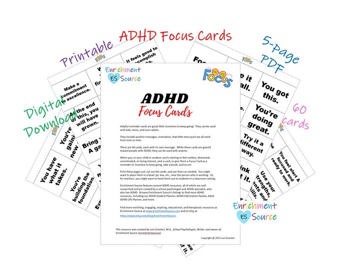 ADHD Focus Cards, ADHD Reminder Cards, ADHD Motivation, on Task Reminders, Incentive to ...