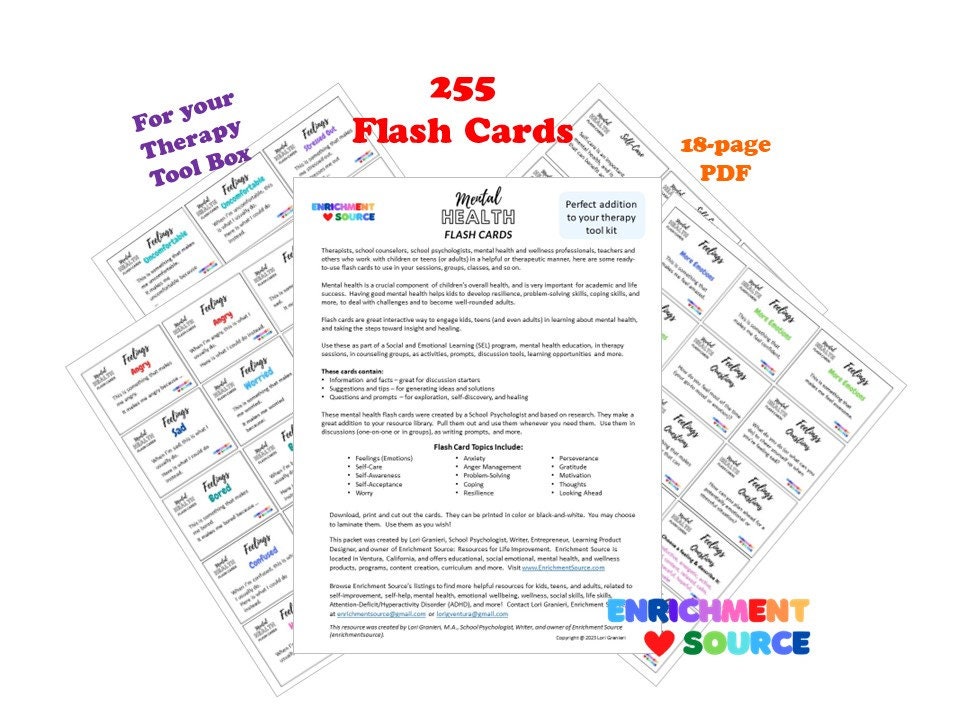 Mental Health Flash Cards, Therapy Printable Flash Card Bundle ...