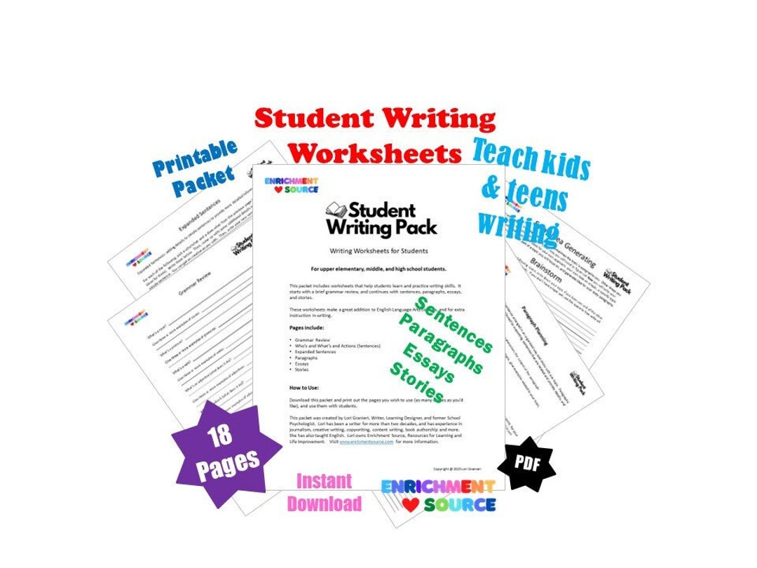 Kids and Teens Writing Lessons, Writing Worksheets Packet, Student ...