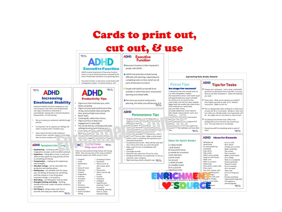 ADHD Self Care Reminder Cards, ADHD Inspiration, ADHD Therapy Tool ...