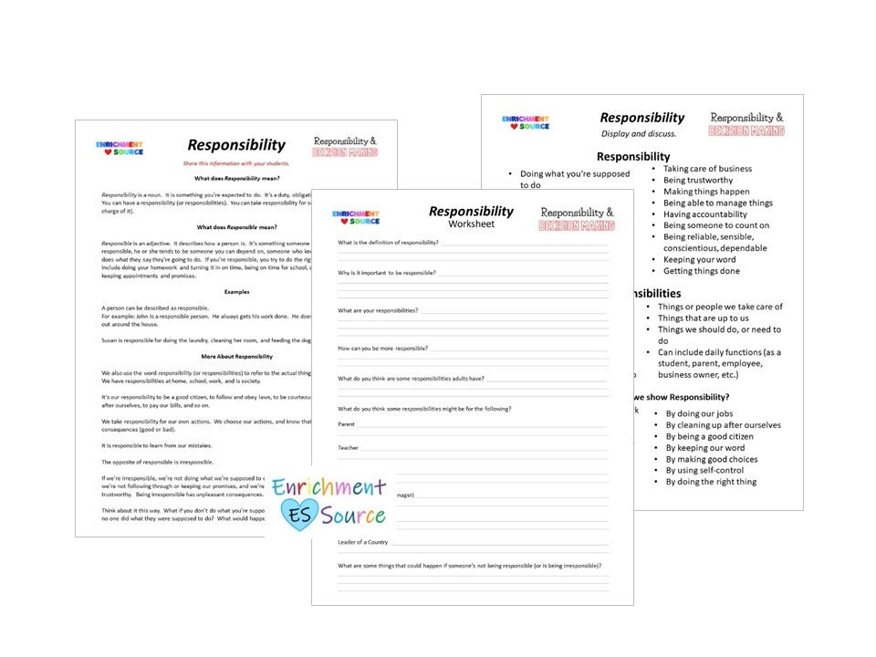Responsibility and Decision Making Lesson Plan Workbook, Responsible ...