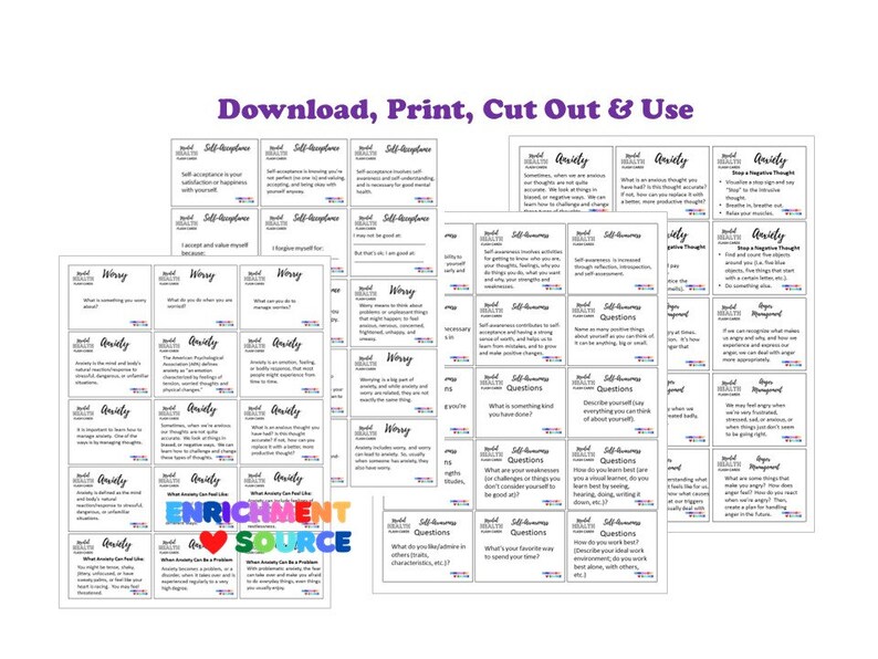 Mental Health Flash Cards, Therapy Printable Flash Card Bundle ...