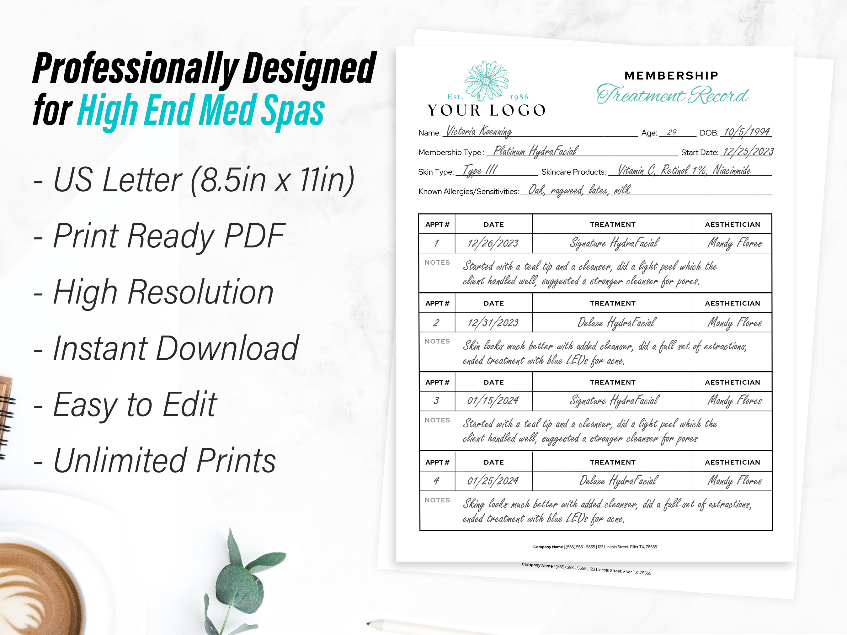 Membership Treatment Record Form, Aesthetics Membership Template, Canva ...