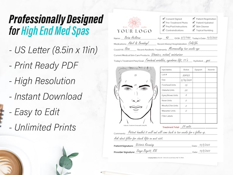 Botox and Dermal Filler Treatment Record Form Male, Nurse Injector ...